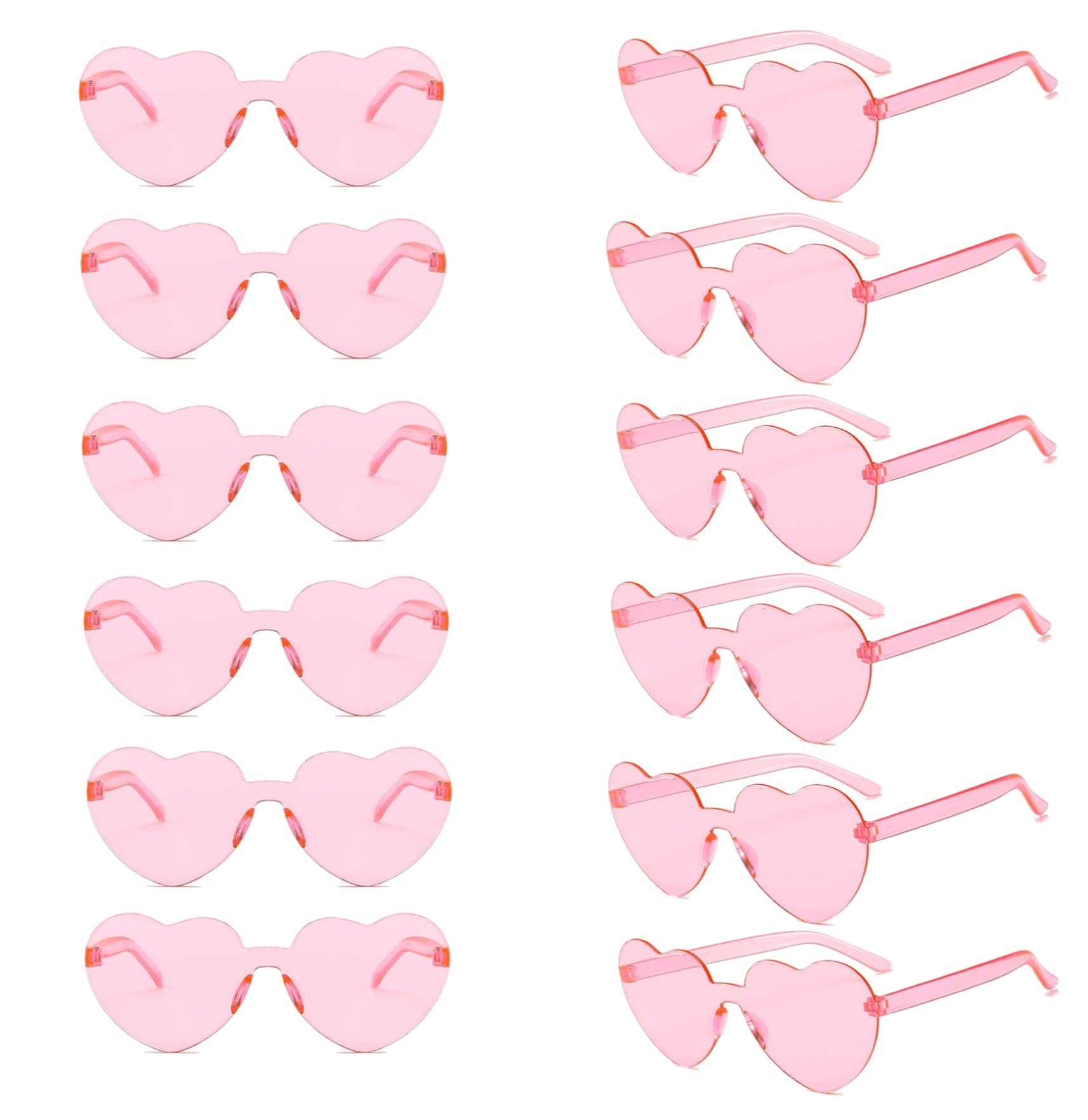 JFTOWN 12 Pairs Heart Shape Rimless Valentines Sunglasses Candy Color Frameless One Piece Love Glasses Tinted Eyewear for Women Party Favor (Pink)