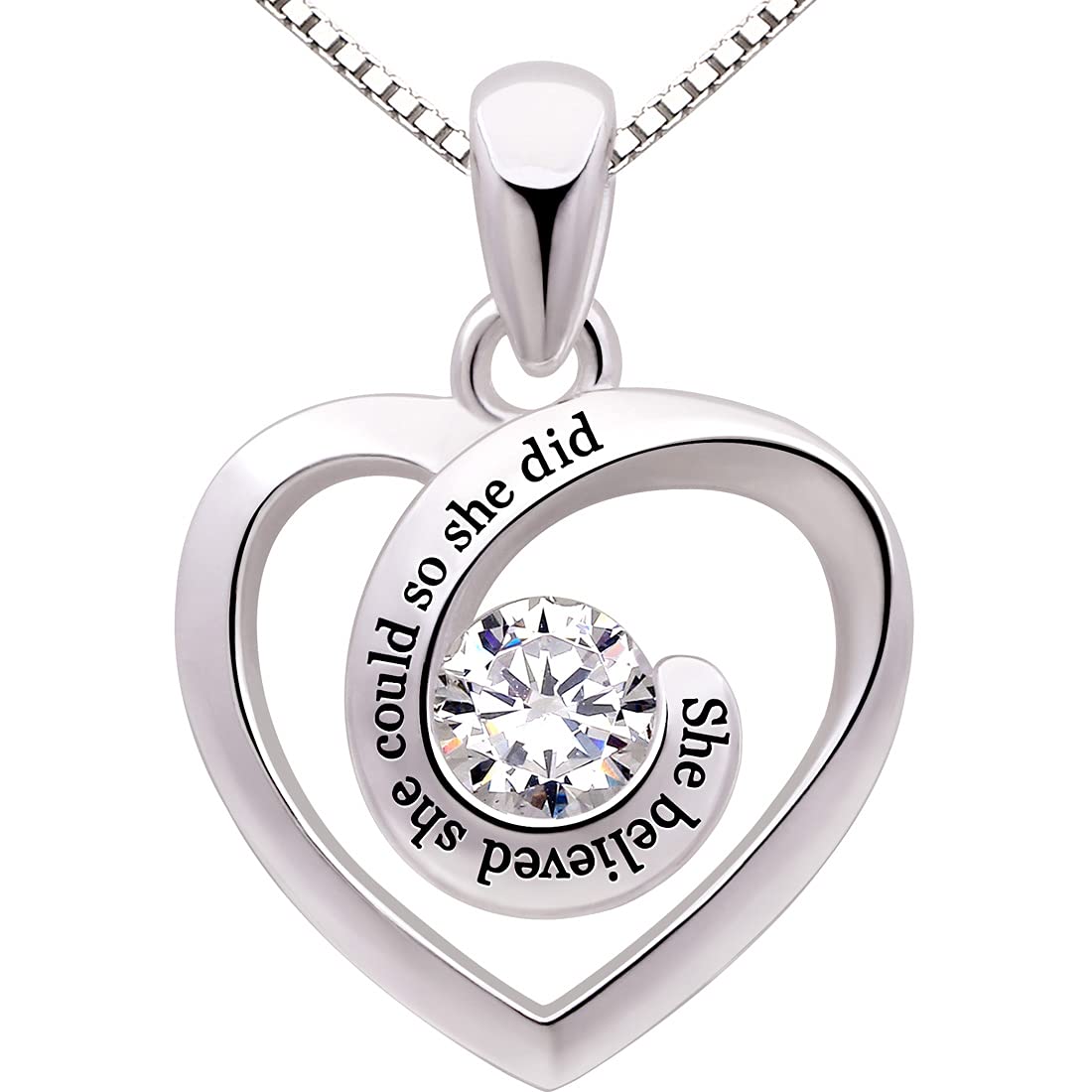 ALOV Jewelry Sterling Silver She believed she could so she did Love Heart Cubic Zirconia Pendant Necklace