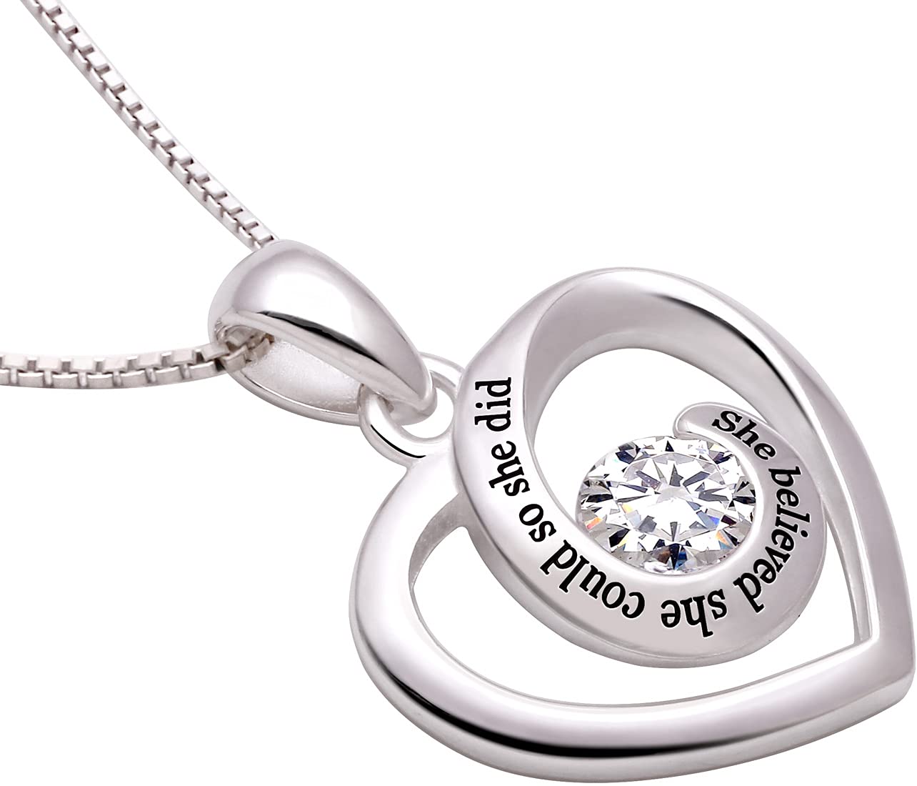 ALOV Jewelry Sterling Silver She believed she could so she did Love Heart Cubic Zirconia Pendant Necklace