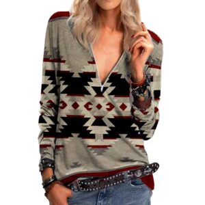 janepam womens tops shirt long sleeve ethnic boho tribal pattern plaid aztec ombre graphic print v-neck zipper loose blouse(c brown,2xl)