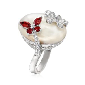 Ross-Simons Mother-Of-Pearl and .60 ct. t.w. Multi-Gemstone Floral Butterfly Ring in Sterling Silver. Size 7