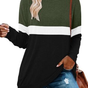 Magritta Girls Loose Fit Tunic Tops with Pockets Crew Neck Stretchy Long Sleeve Striped Color Block Sweatshirt Pullover for Women Green Black X-Large