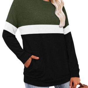 Magritta Girls Loose Fit Tunic Tops with Pockets Crew Neck Stretchy Long Sleeve Striped Color Block Sweatshirt Pullover for Women Green Black X-Large