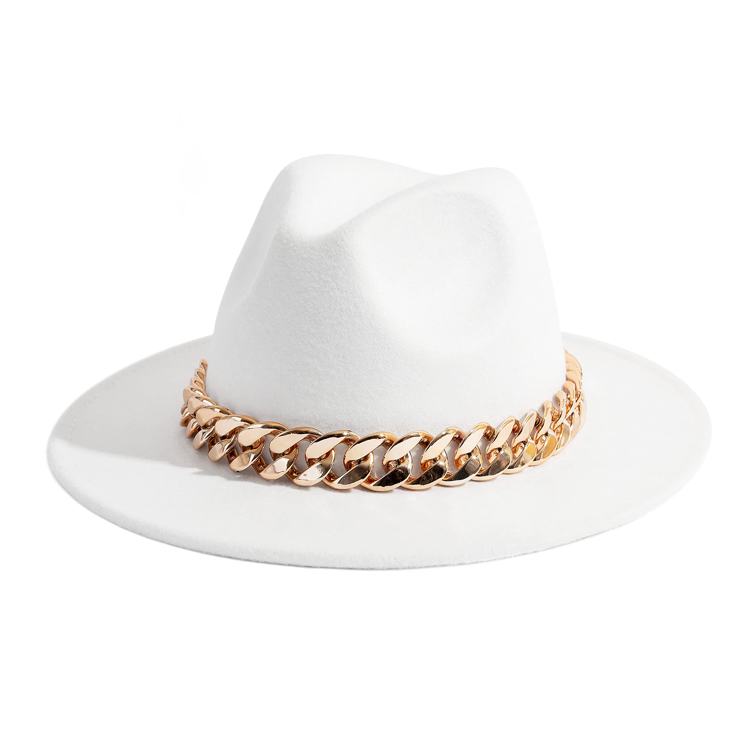 Gossifan Men & Women Belt Buckle Fedora Hat Wide Brim Floppy Panama Hat-Chain Belt White