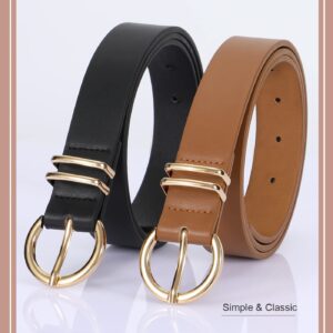 VONMELLI 2 Pack Women's Leather Belts for Jeans Pants Fashion Gold Buckle Ladies Belt Black Brown M