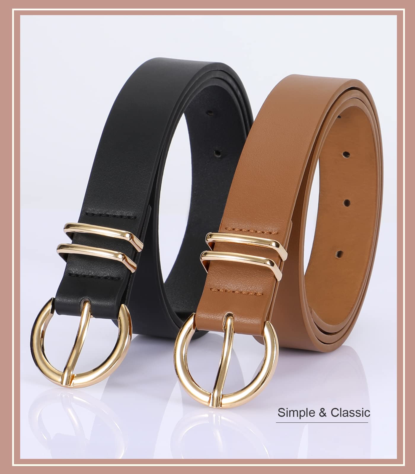 VONMELLI 2 Pack Women's Leather Belts for Jeans Pants Fashion Gold Buckle Ladies Belt Black Brown M