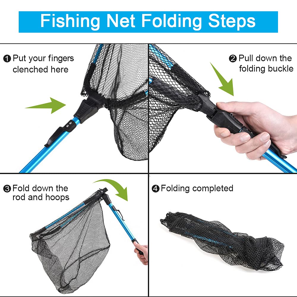 LBW Folding Rubber Fishing Net, Kayak Fishing Net for Saltwater or Freshwater, Collapsible Fishing Landing Net, Catfish, Bass, Trout Net, Compact Fishing Net with Handle