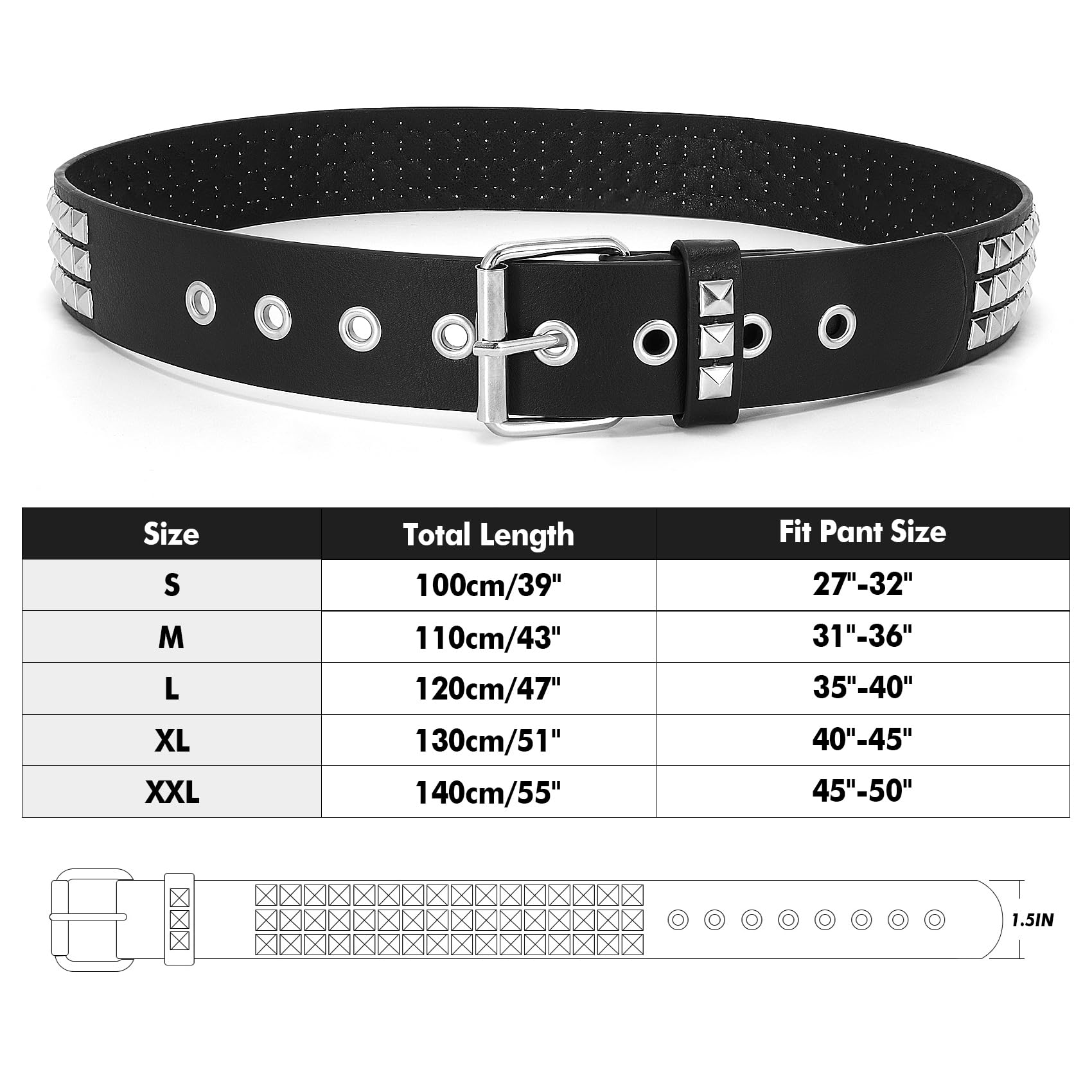 WHIPPY Women Men Rivet Studded Belt Row Pyramid Square Bead PU Faux Leather Punk Rock Grommet Belt for Jeans,Silver,S