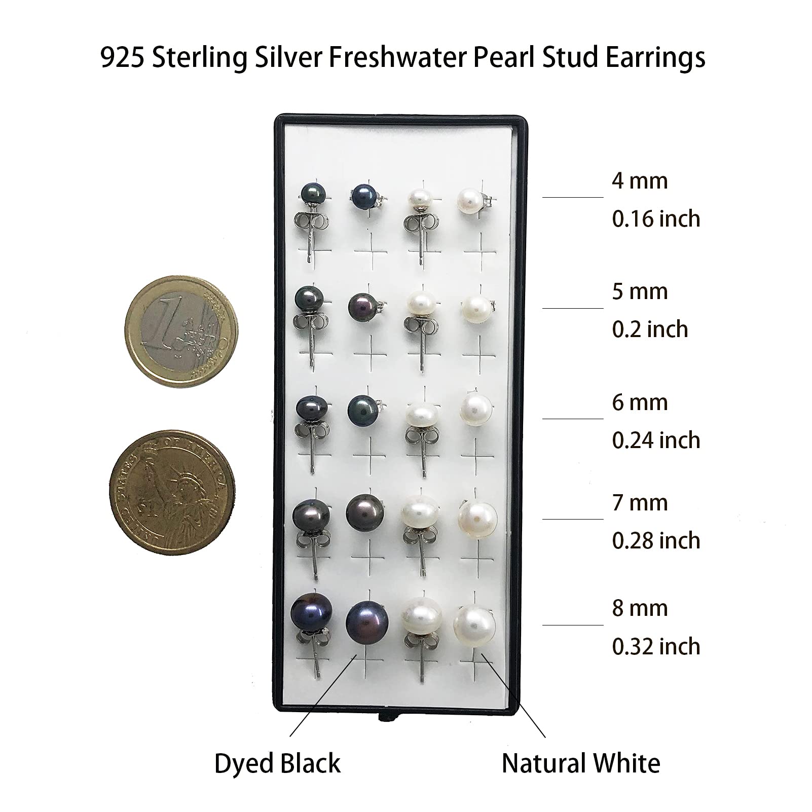 Alevel 4-8mm Freshwater Cultured Black Pearl, 925 Sterling Silver Stud Earrings 5 Sets, Women Gifts