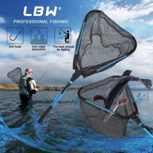 LBW Folding Rubber Fishing Net, Kayak Fishing Net for Saltwater or Freshwater, Collapsible Fishing Landing Net, Catfish, Bass, Trout Net, Compact Fishing Net with Handle