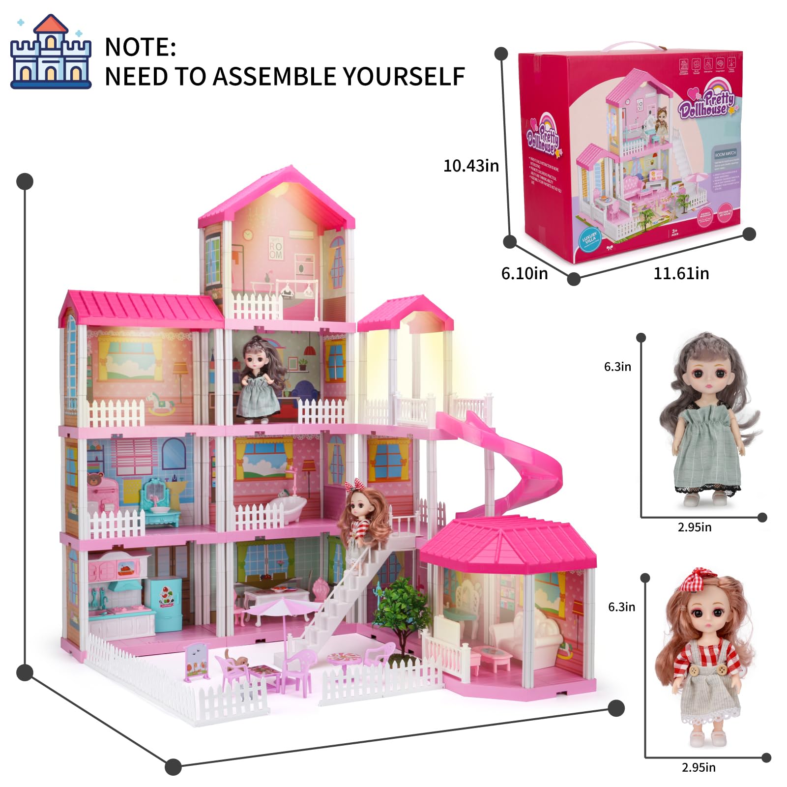 HCFJEH Dollhouse Play House for Girl, Doll House with Lights & Two Dolls & Furniture Accessories, Toddler DIY Princess House Playhouse Pretend Set Toy, Birthday Gift for 3 4 5 6 7 Year Old(11 Room)