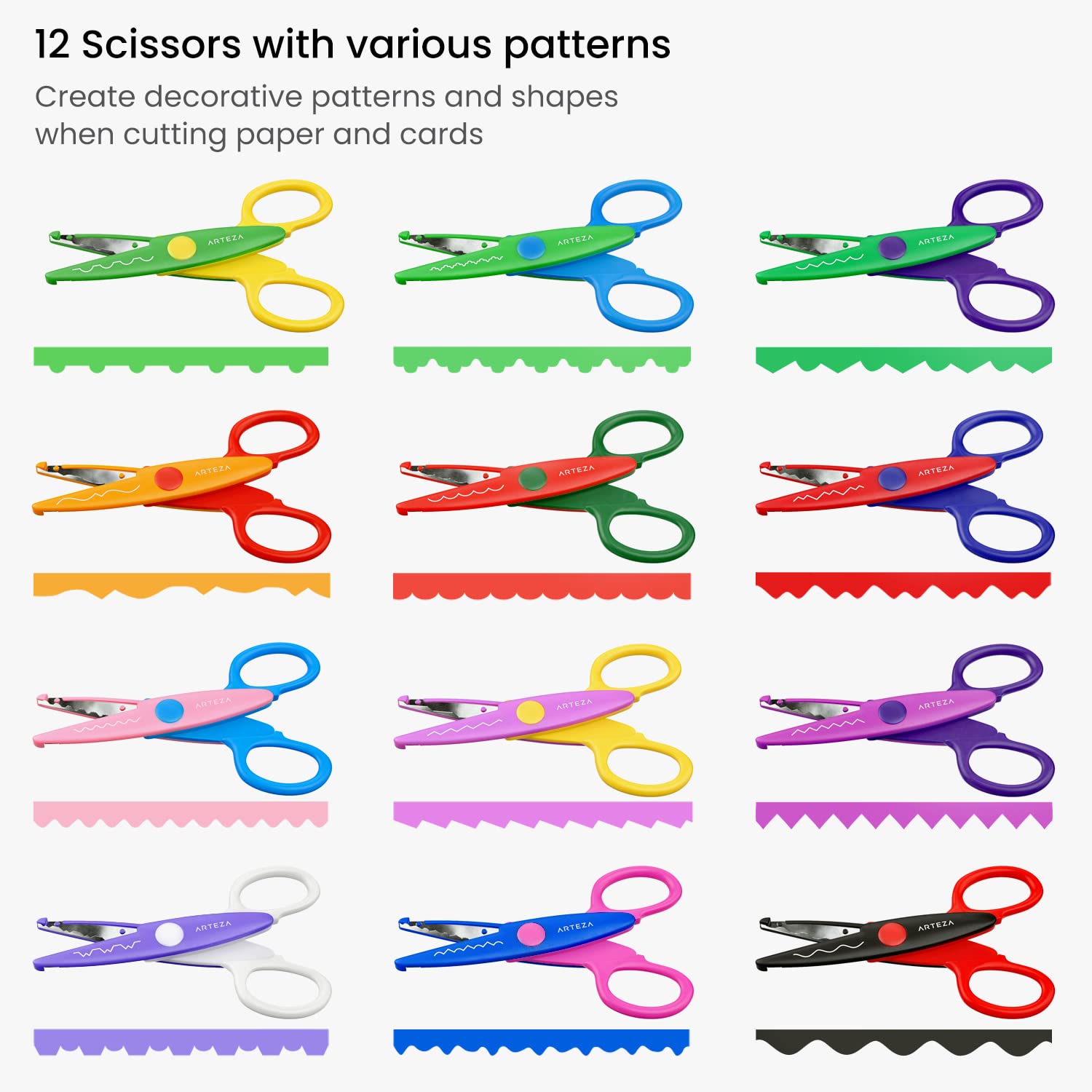 Arteza Kids Decorative Scissors, Set of 12, 5.5 Inches, Craft Scissors with Different Patterns, School Supplies for Teachers and Students