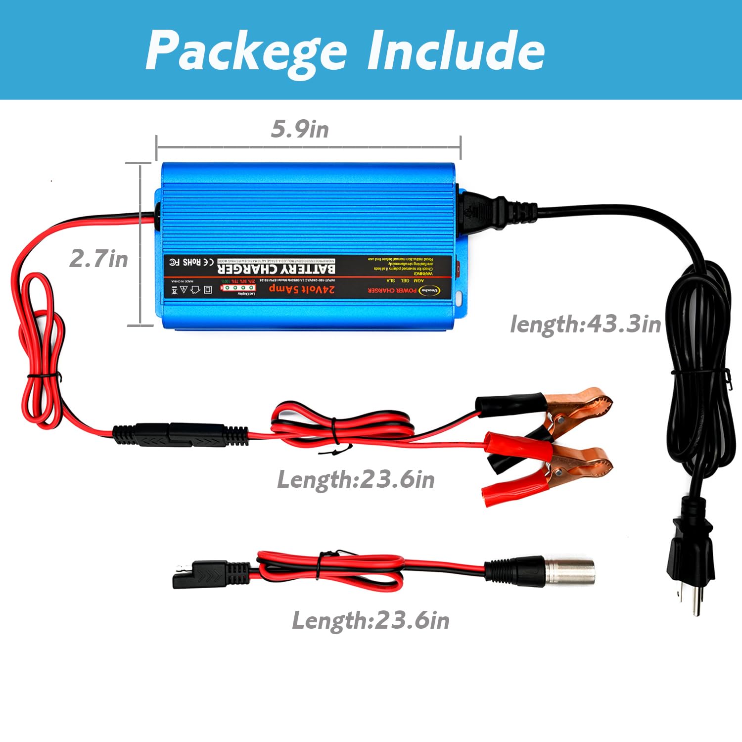 Unocho 24 Volt Battery Charger Smart Fully Automatic Battery Charger maintainer trickle Charger 5A car Battery Charger 3-pin XLR Alligator Connector with I/O Switch