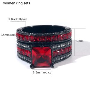 ringheart 2 Rings His and Her Ring Couple Rings Matching Ring 1.5ct Red CZ Womens Wedding Ring Sets Titanium steel Mens Wedding Bands