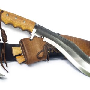 ESK Hand-Hammered Historical Iraqi Kukri Knife, 10” Blade Carbon Steel Kukri with Leather Sheath and 2 small knives, Handmade in Nepal by Bishwakarmas