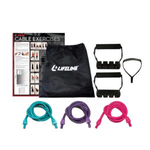 lifeline resistance trainer kit with adjustable resistance level bands for more workout options includes triple handles, door anchor, multiple 4ft exercise tubes, instruction guide and carry bag