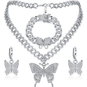 junkin 3 pieces butterfly necklaces for women butterfly jewelry set butterfly pendant necklace rhinestone link necklace bling charm butterfly hoop earrings for women girl (rhinestone chain)