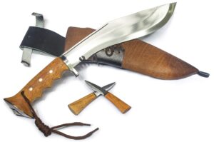 esk hand-hammered historical iraqi kukri knife, 10” blade carbon steel kukri with leather sheath and 2 small knives, handmade in nepal by bishwakarmas