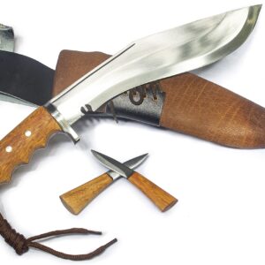 ESK Hand-Hammered Historical Iraqi Kukri Knife, 10” Blade Carbon Steel Kukri with Leather Sheath and 2 small knives, Handmade in Nepal by Bishwakarmas