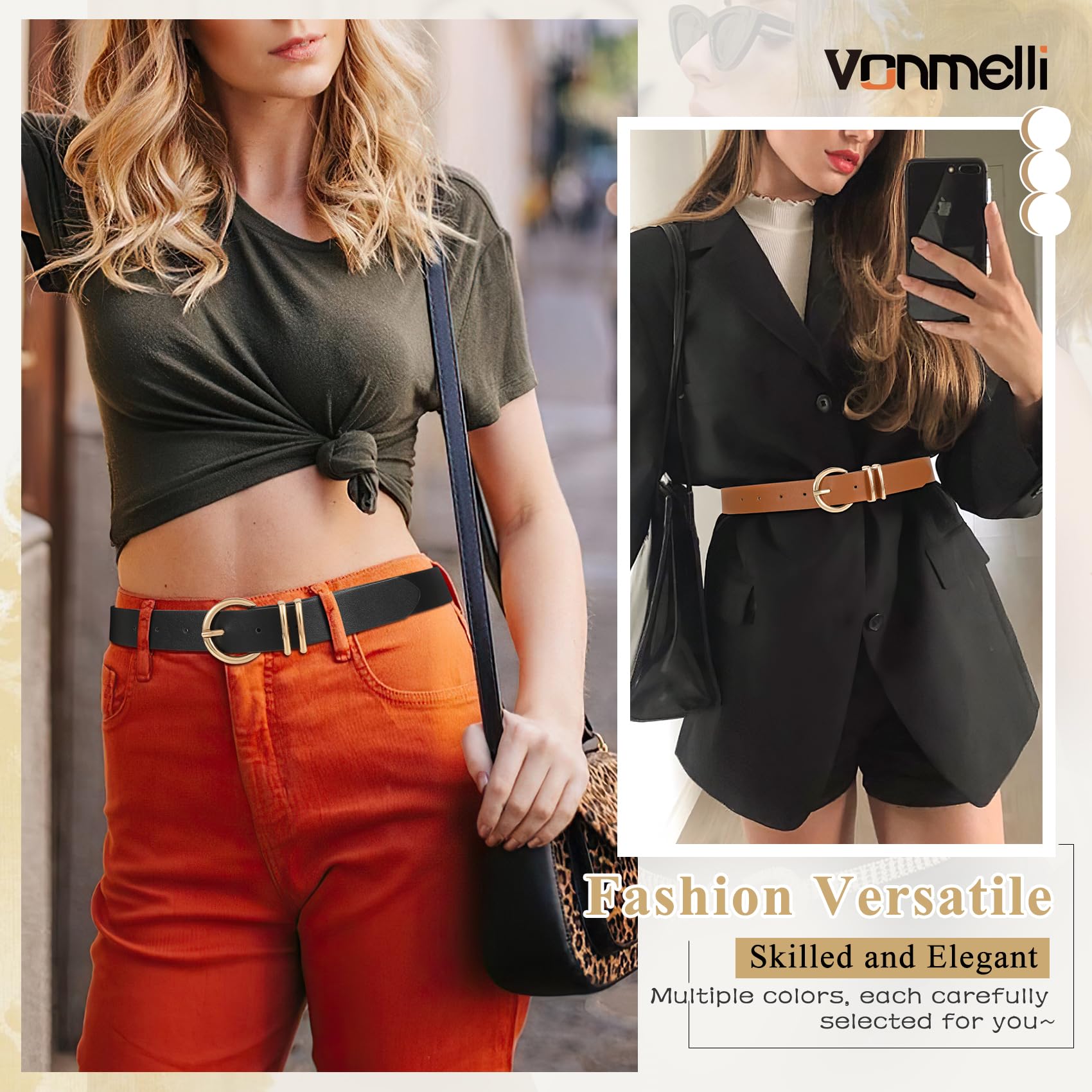 VONMELLI 2 Pack Women's Leather Belts for Jeans Pants Fashion Gold Buckle Ladies Belt Black Brown M