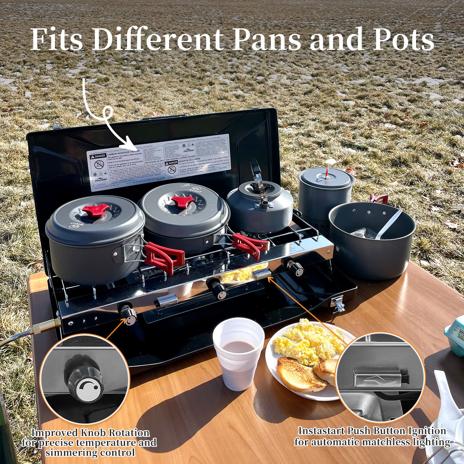 FineFlame Camping Stove 3 Burner 20400 BTU Propane Portable Stove with Regulator, Toast Tray, Windshield for Car Camping BBQ Picnics Outdoor Cooking Camping Gas Stove