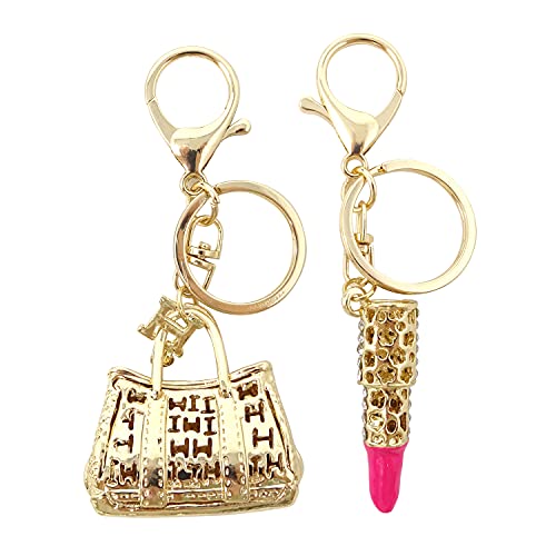 Honbay 2PCS Cute Crystal Lipstick Handbag Style Keychain Bling Bling Rhinestone Car Key Decoration Blingbling Key Purse Keyring for Bag Wallet Handbags Backpack (2 Style)