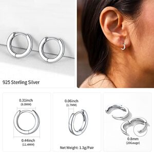 ChicSilver 925 Sterling Silver Small Hoop Earrings for Women White Gold Plated Silver Huggie Hoop Earrings Tiny Hypoallergenic Lightweight Cartilage Earring - 8MM