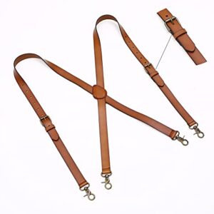 PAHVRION Mens Suspenders X Back Design Leather Suspenders Adjustable Brown Braces Groomsmen Gift for Wedding