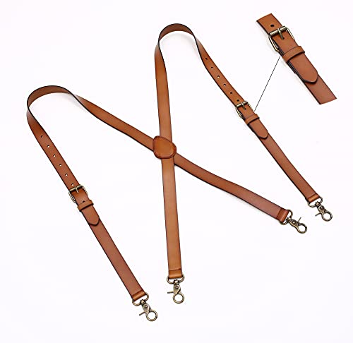 PAHVRION Mens Suspenders X Back Design Leather Suspenders Adjustable Brown Braces Groomsmen Gift for Wedding