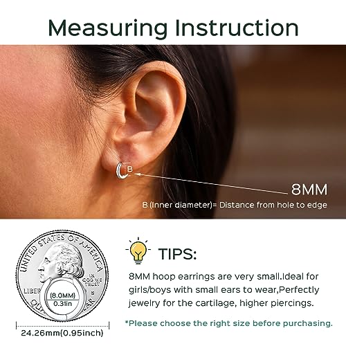 ChicSilver 925 Sterling Silver Small Hoop Earrings for Women White Gold Plated Silver Huggie Hoop Earrings Tiny Hypoallergenic Lightweight Cartilage Earring - 8MM