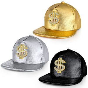 zhanmai 3 pieces funny hat gold rapper hat 80s 90s adjustable hip hop hat dollar sign gold snapback hat leather brimmed baseball cap for men