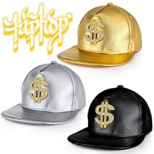 Zhanmai 3 Pieces Funny Hat Gold Rapper Hat 80s 90s Adjustable Hip Hop Hat Dollar Sign Gold Snapback Hat Leather Brimmed Baseball Cap for Men