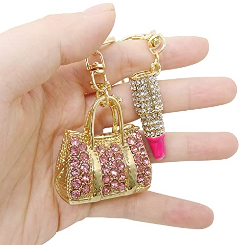 Honbay 2PCS Cute Crystal Lipstick Handbag Style Keychain Bling Bling Rhinestone Car Key Decoration Blingbling Key Purse Keyring for Bag Wallet Handbags Backpack (2 Style)