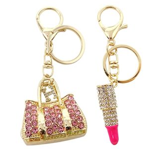 honbay 2pcs cute crystal lipstick handbag style keychain bling bling rhinestone car key decoration blingbling key purse keyring for bag wallet handbags backpack (2 style)