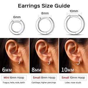 ChicSilver 925 Sterling Silver Small Hoop Earrings for Women White Gold Plated Silver Huggie Hoop Earrings Tiny Hypoallergenic Lightweight Cartilage Earring - 8MM