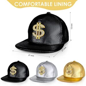 Zhanmai 3 Pieces Funny Hat Gold Rapper Hat 80s 90s Adjustable Hip Hop Hat Dollar Sign Gold Snapback Hat Leather Brimmed Baseball Cap for Men