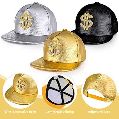 Zhanmai 3 Pieces Funny Hat Gold Rapper Hat 80s 90s Adjustable Hip Hop Hat Dollar Sign Gold Snapback Hat Leather Brimmed Baseball Cap for Men