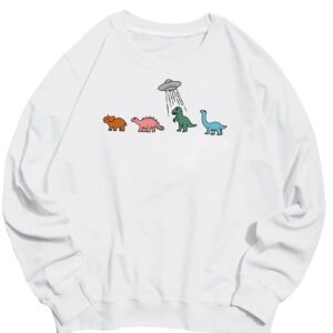 WDIRARA Men's Cartoon Dinosaur Graphic Print Long Sleeve Round Neck Sweatshirt White M