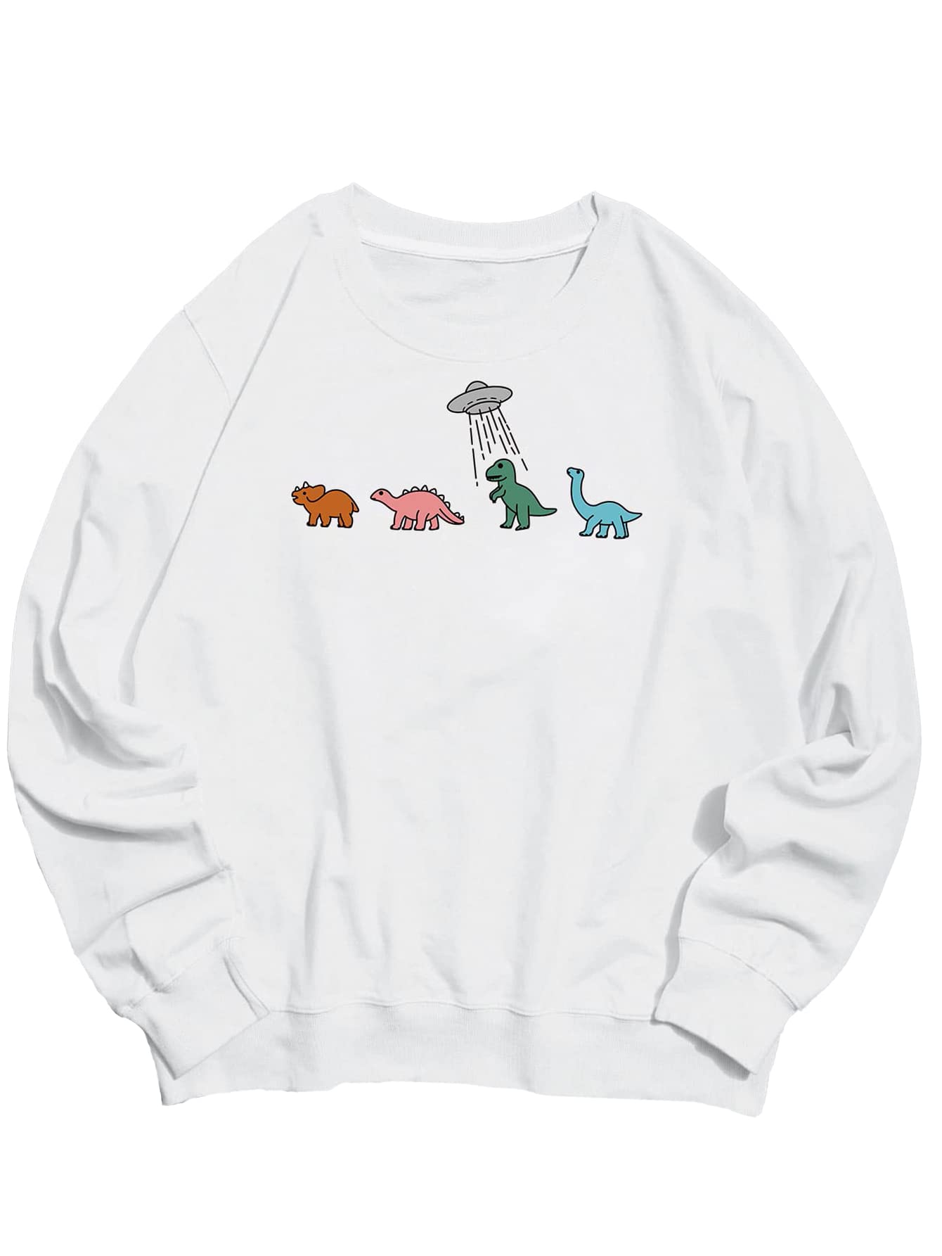 WDIRARA Men's Cartoon Dinosaur Graphic Print Long Sleeve Round Neck Sweatshirt White M