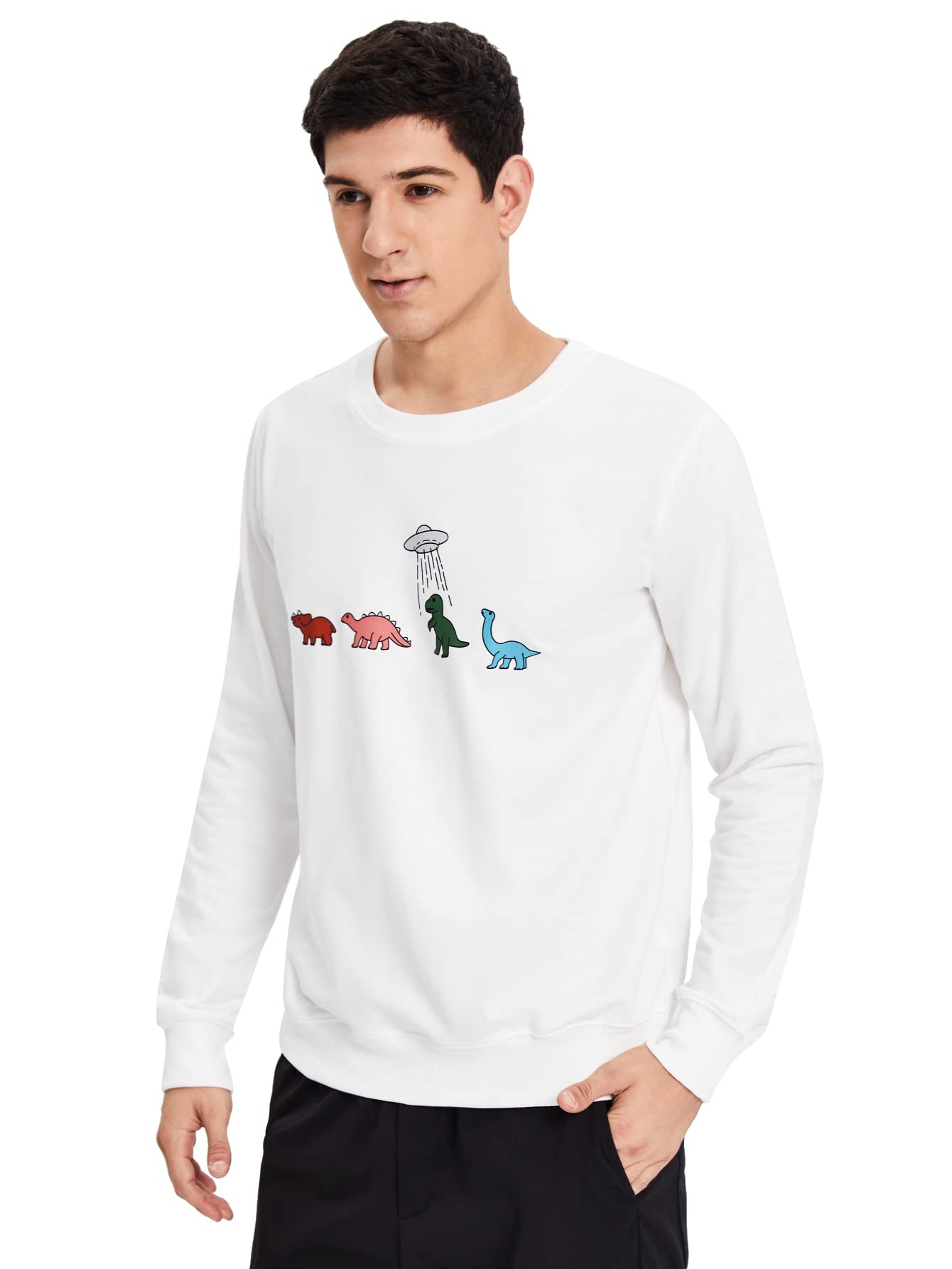 WDIRARA Men's Cartoon Dinosaur Graphic Print Long Sleeve Round Neck Sweatshirt White M