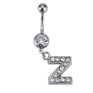 dangle belly button rings initial 14g surgical steel navel ring 26 letters cubic zirconia body piercing (z)