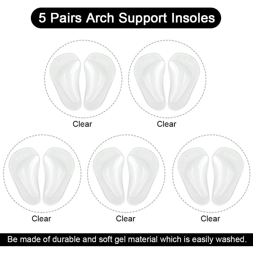 Dr. Foot Plantar Fasciitis Arch Support Shoe Insoles 5 Pairs, Thicken Gel Arch Pads for Flat Feet - Self-Adhesive Arch Cushions Inserts for Men and Women