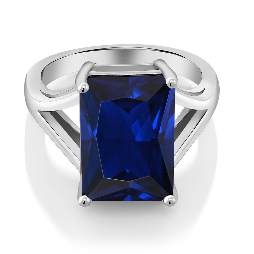 Gem Stone King 10.00 Cttw Blue Created Sapphire Solitaire Ring For Women In 925 Sterling Silver | Emerald Cut 14X10MM | Available In Size 5, 6, 7, 8, 9