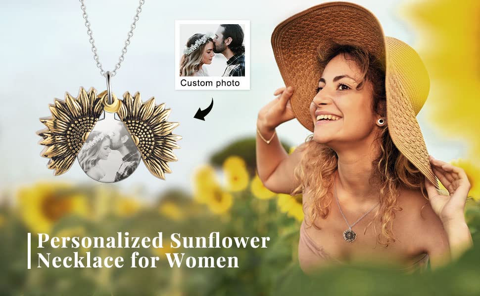 Personalized Sunflower Necklace for Women Girls Custom You are My Sunshine Necklace Sunflower Locket Jewelry Pendant with Name Personalized Necklace (Photo Locket)