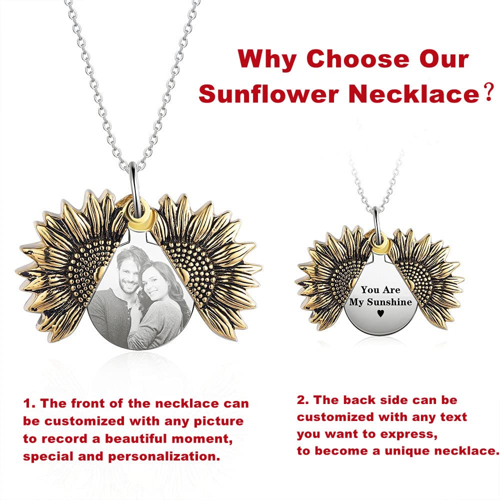 Personalized Sunflower Necklace for Women Girls Custom You are My Sunshine Necklace Sunflower Locket Jewelry Pendant with Name Personalized Necklace (Photo Locket)