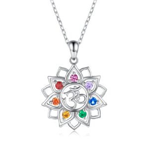 chakra yoga lotus flower necklace 925 sterling silver om ohm symbol crystal pendant necklace spiritual jewelry gift for women (chakra lotus flower necklace)