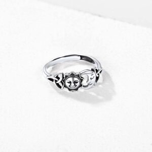 ChicSilver 925 Sterling Silver Sun Moon Universe Faces Ring Vintage Dainty Irish Celtic Trinity Knot Band Ring for Women Adjustable