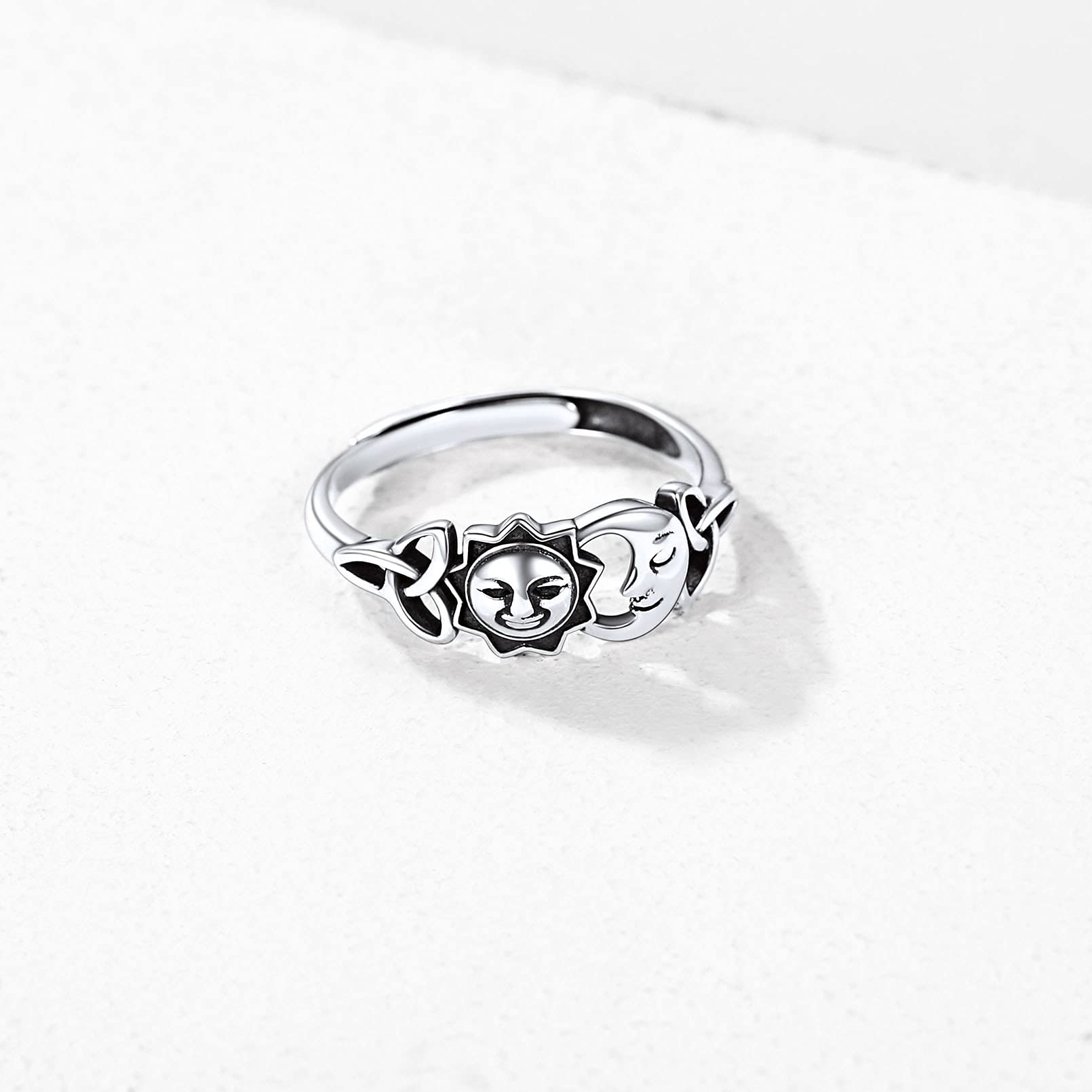 ChicSilver 925 Sterling Silver Sun Moon Universe Faces Ring Vintage Dainty Irish Celtic Trinity Knot Band Ring for Women Adjustable