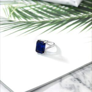 Gem Stone King 10.00 Cttw Blue Created Sapphire Solitaire Ring For Women In 925 Sterling Silver | Emerald Cut 14X10MM | Available In Size 5, 6, 7, 8, 9