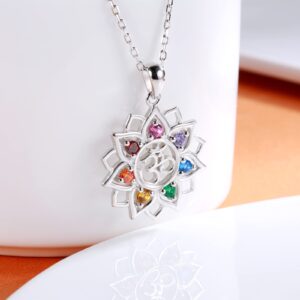 Chakra Yoga Lotus Flower Necklace 925 Sterling Silver Om Ohm Symbol Crystal Pendant Necklace Spiritual Jewelry Gift for Women (Chakra Lotus Flower Necklace)